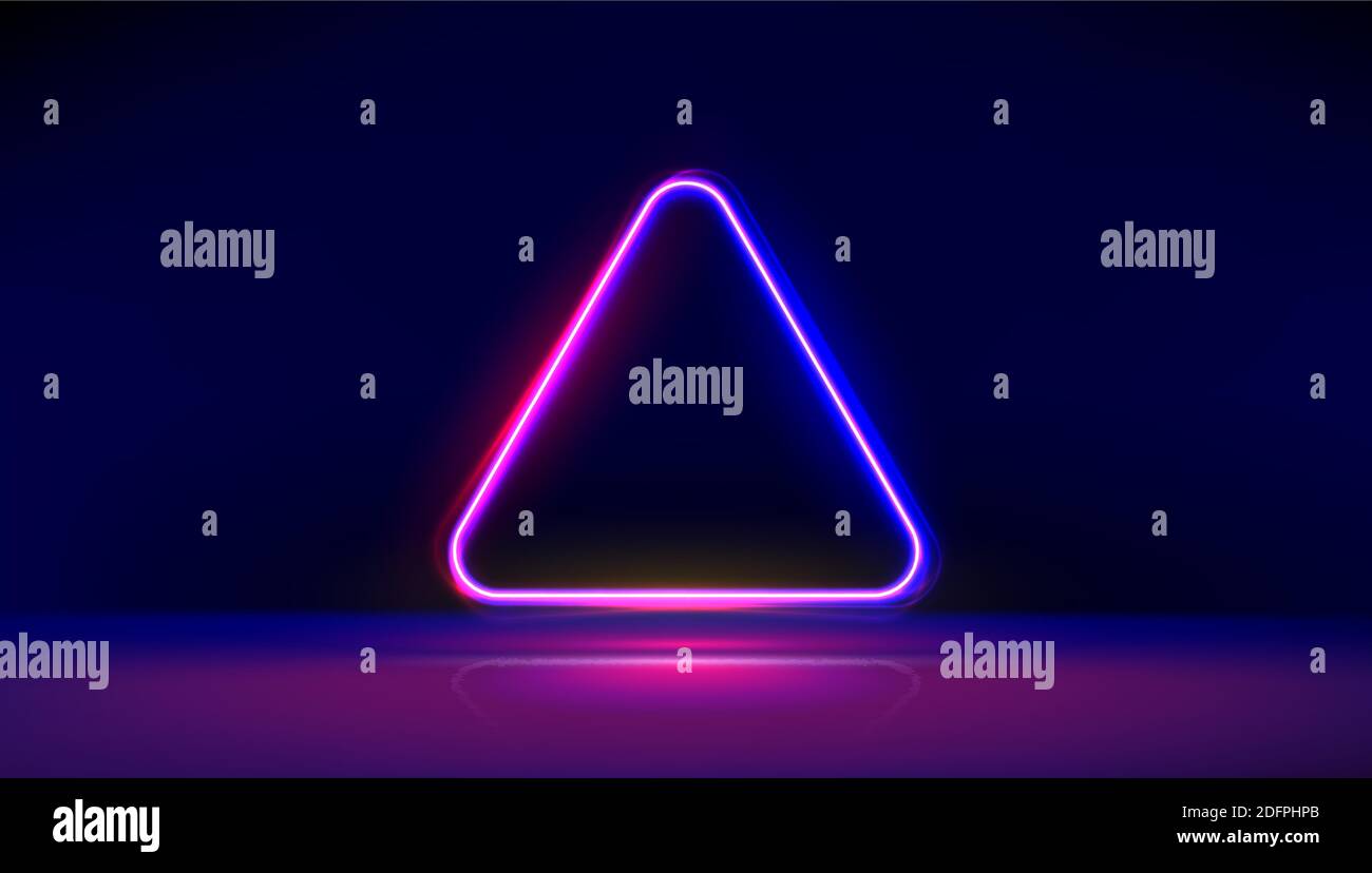 Round corner neon glowing triangle with reflections on the floor ...