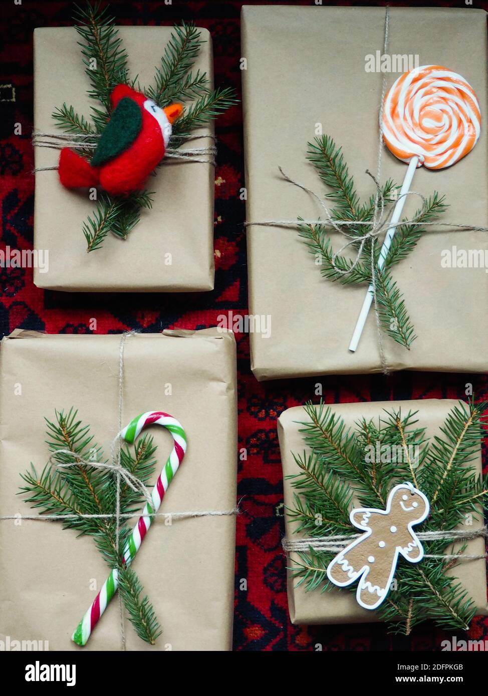 Rustic Christmas Gift Wrapping. Christmas gift boxes. View from above ...