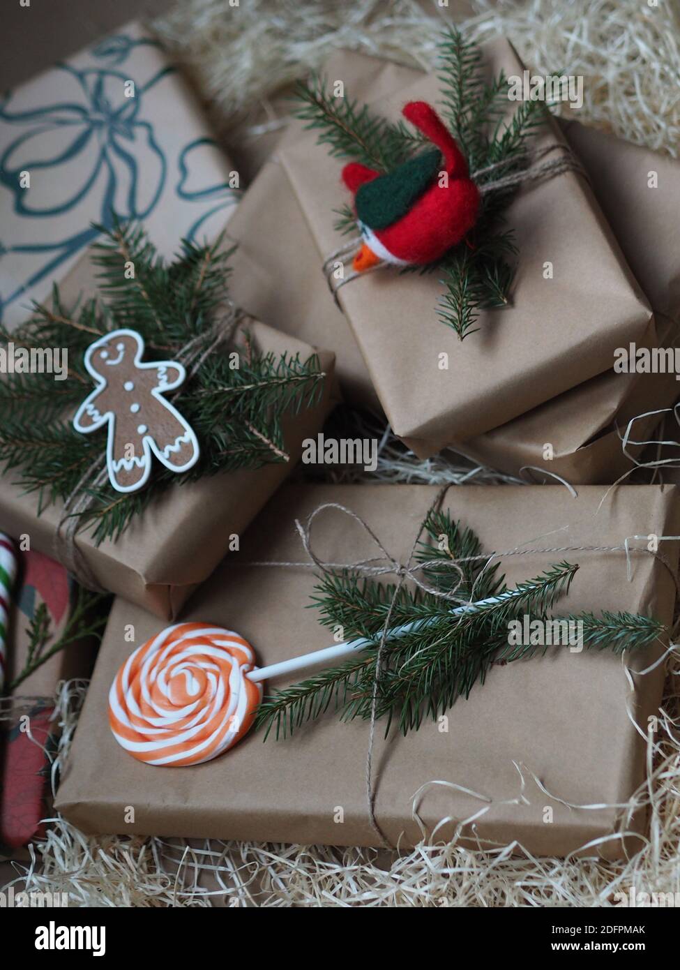 Rustic Christmas Gift Wrapping. Christmas gift boxes. View from above ...