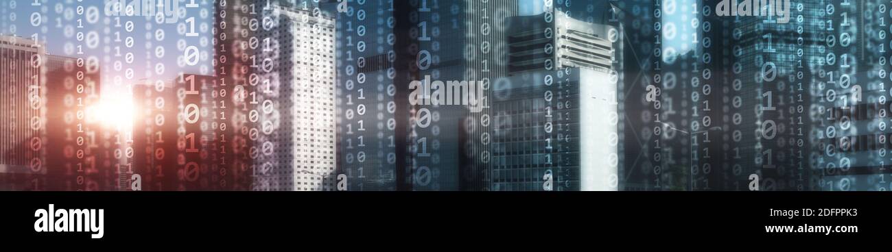 Digital city binary code. Matrix Mixed Media Background Stock Photo - Alamy