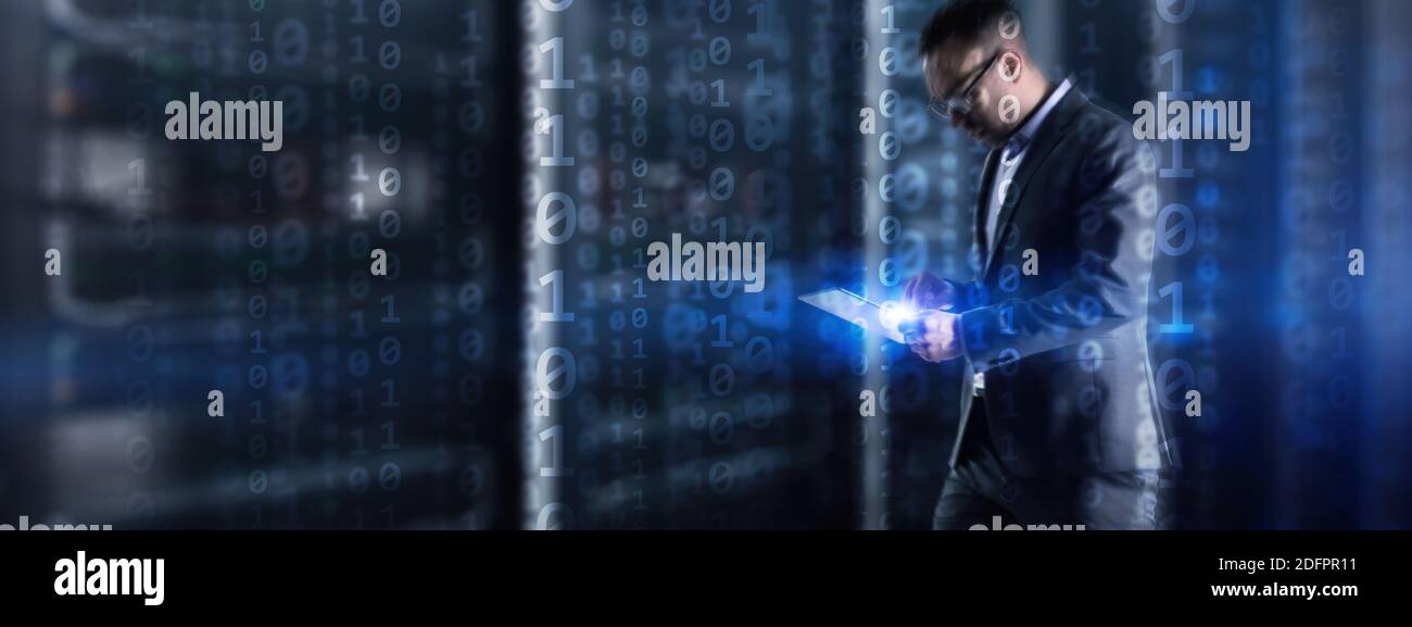 Big data statistics and business analytics concept. Binary code Information on virtual screen ...