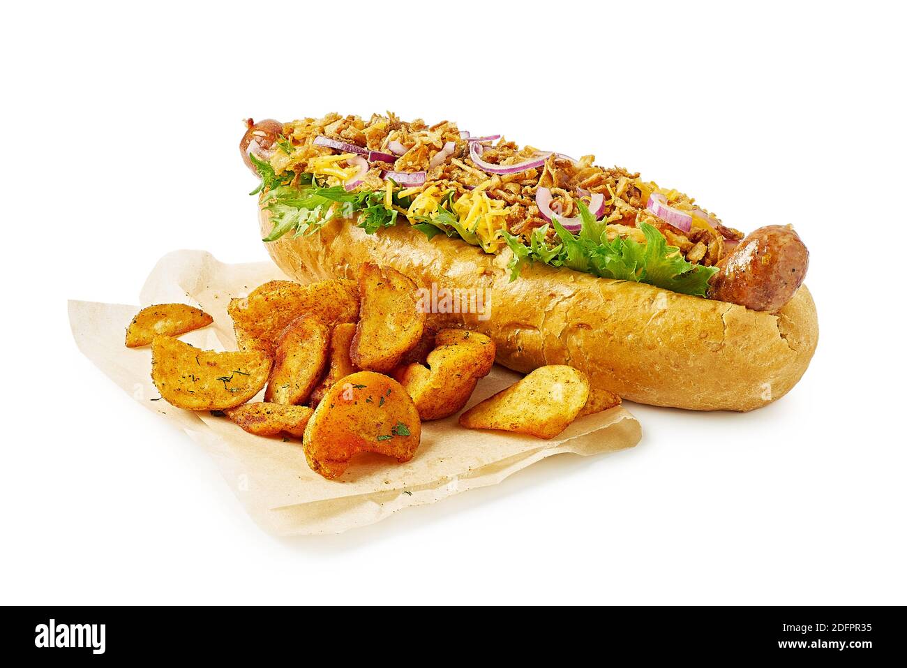 Hot dog and fried potatoes on white Stock Photo - Alamy