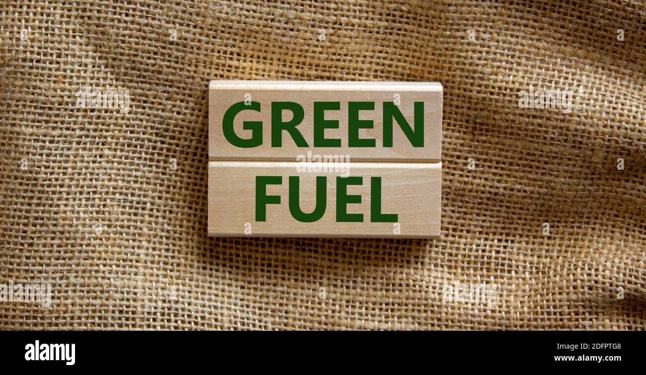 Green fuel symbol. Wooden blocks form the words 'green fuel' on ...
