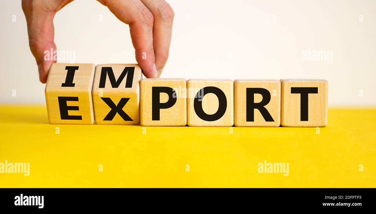 Import or export symbol. Hand is turning a cube and changes the word ...