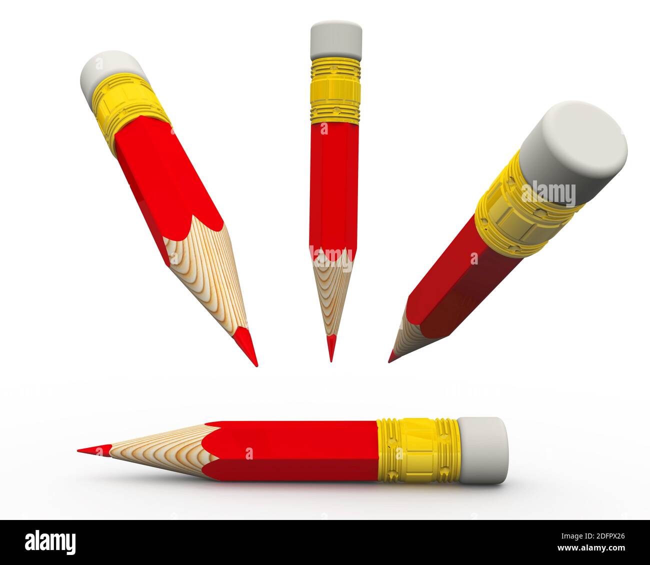 Short pencil. Set of red short pencils with eraser on a white ...