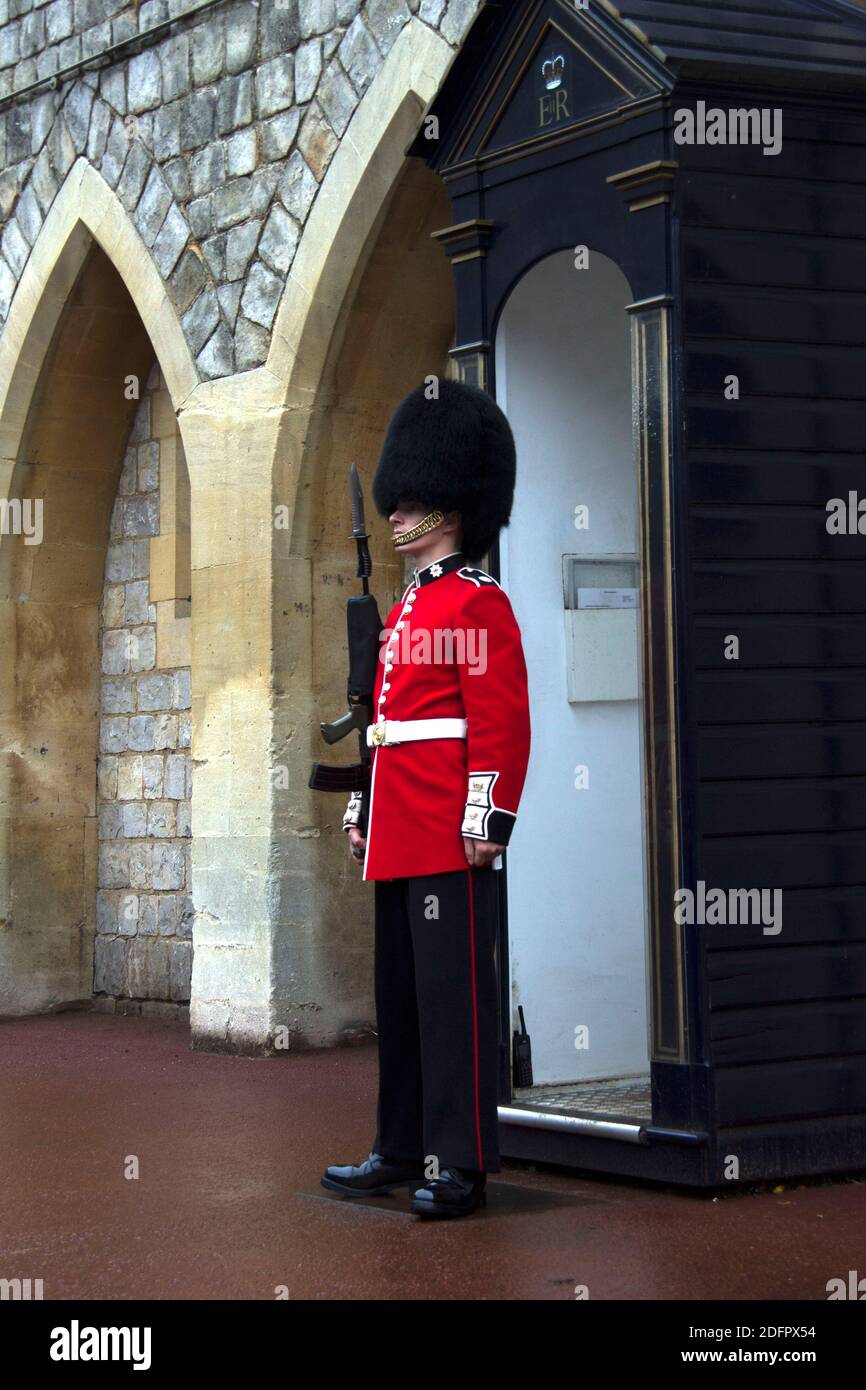 British Royal Guard outside Guard Room at Windsor Castle. Windsor ...