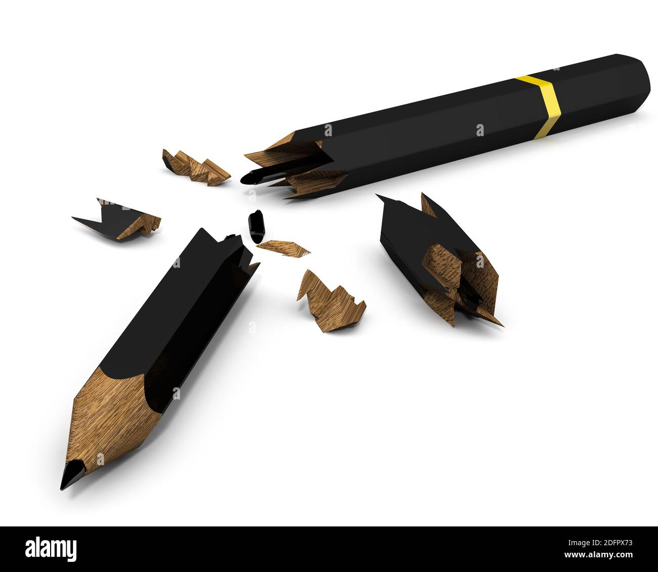 Black pencil is broken. A broken black pencil lies on a white surface ...