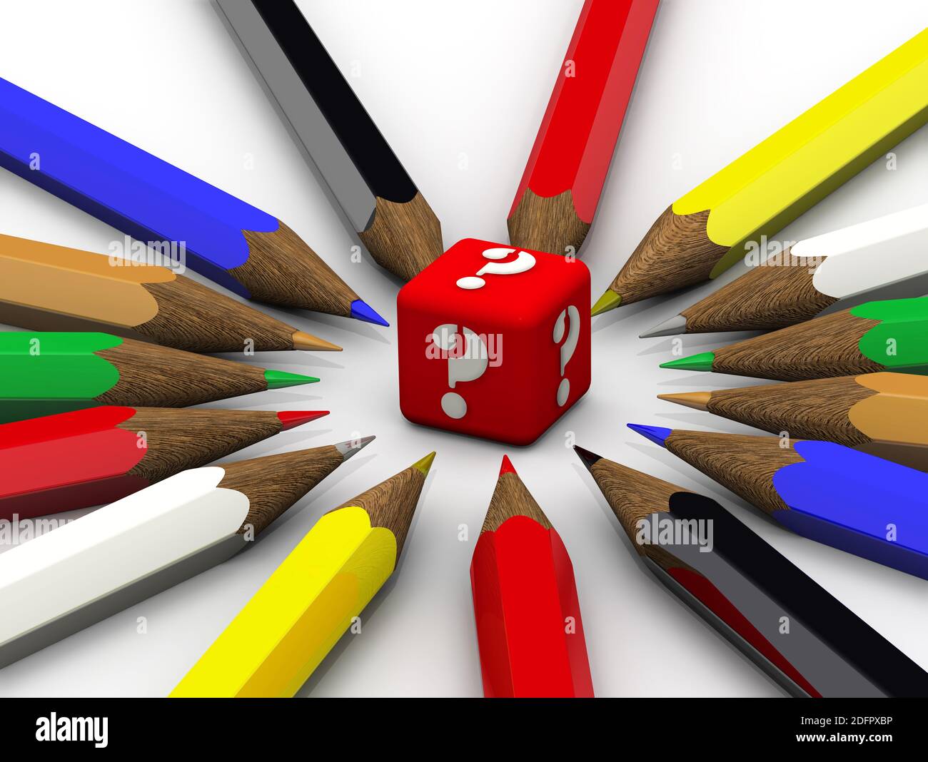 Colour pencils. Color selection. Question mark sign on red cube in the ...