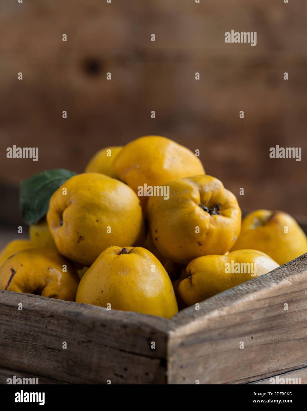 Quitten auf einem brett mit holz hintergrund hi-res stock photography ...