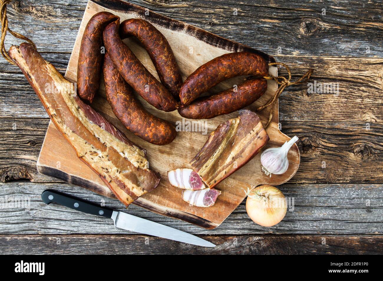 Traditional table top view from Slovakia with home made bacon and ...