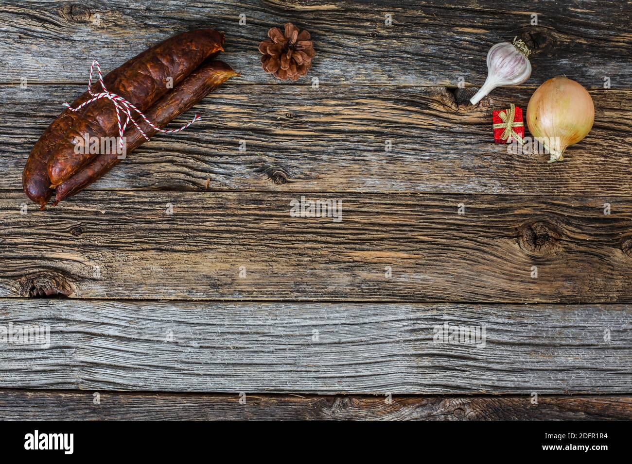 Traditional table top view with home made sausages Stock Photo - Alamy