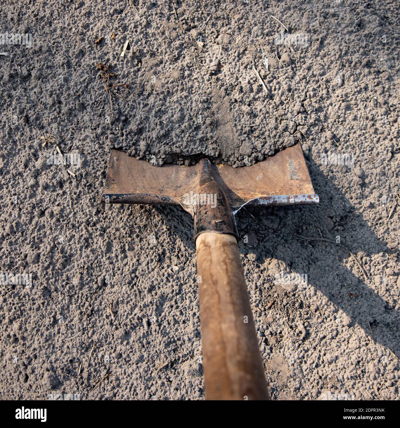 Digging spring soil with shovel. Close-up. Shovel on the ground ...