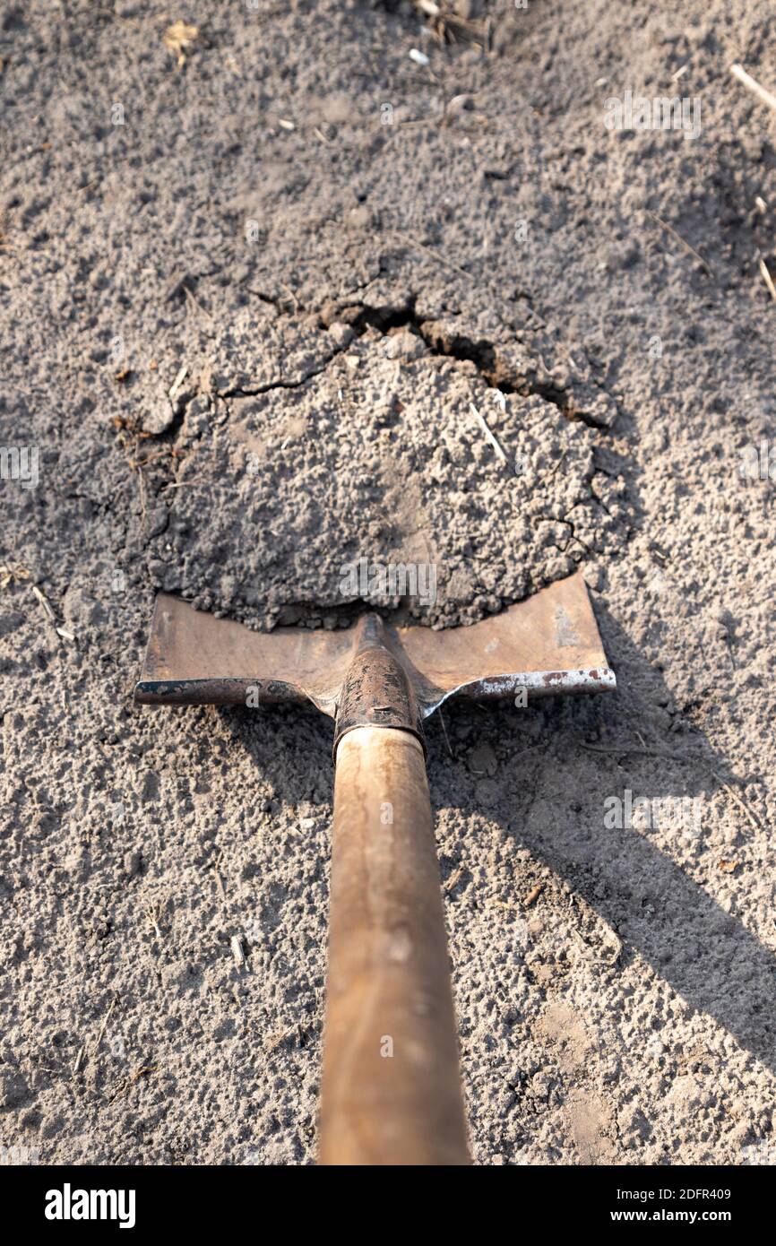 Digging spring soil with shovel. Close-up. Shovel on the ground ...