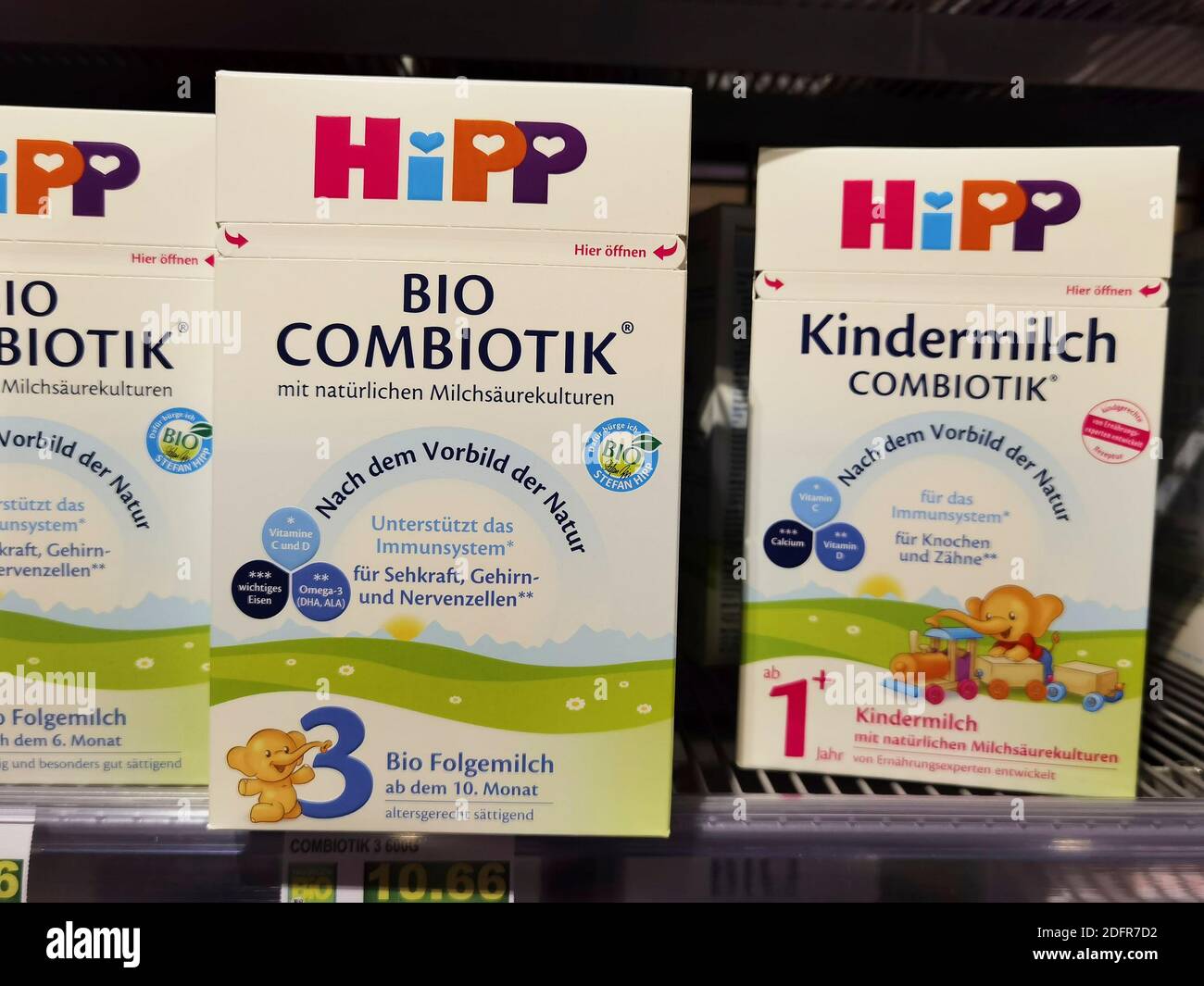 Berlin, Germany - December 1, 2020: View to a shelf with different milk ...