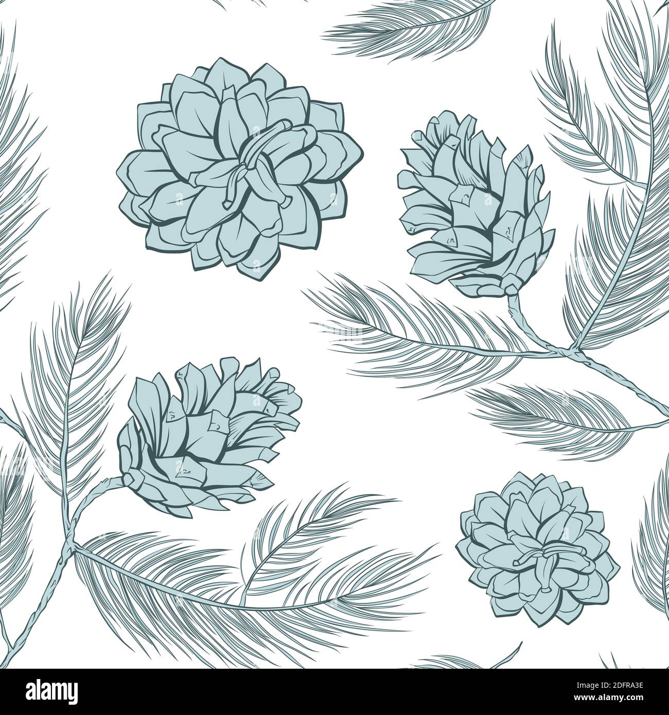 Cones pattern of fir or pine, seamless background, vector green tree ...