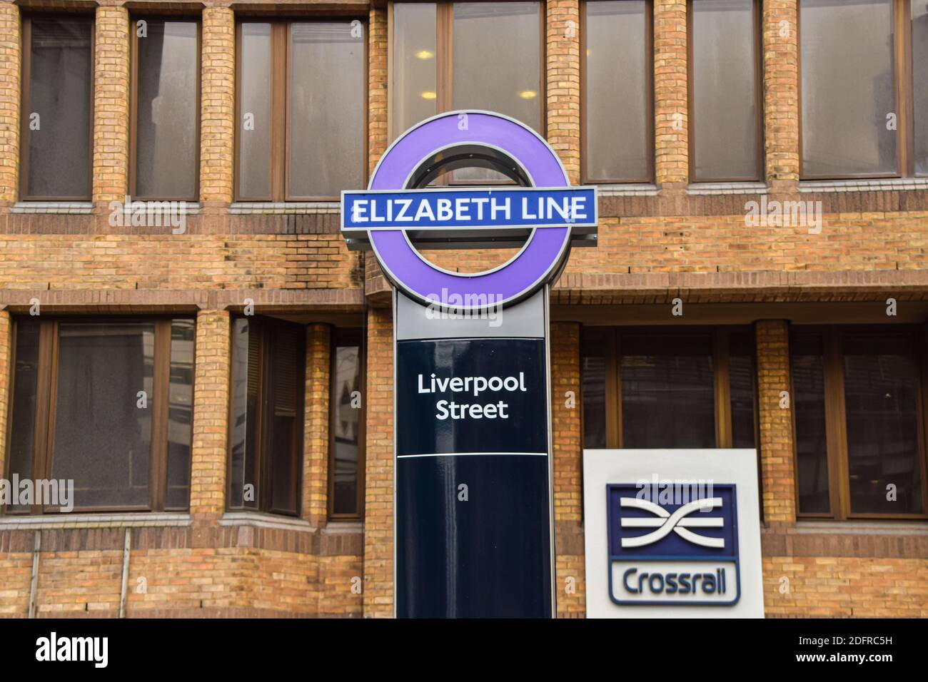 An Elizabeth Line and Crossrail signs seen at Liverpool Street Station ...