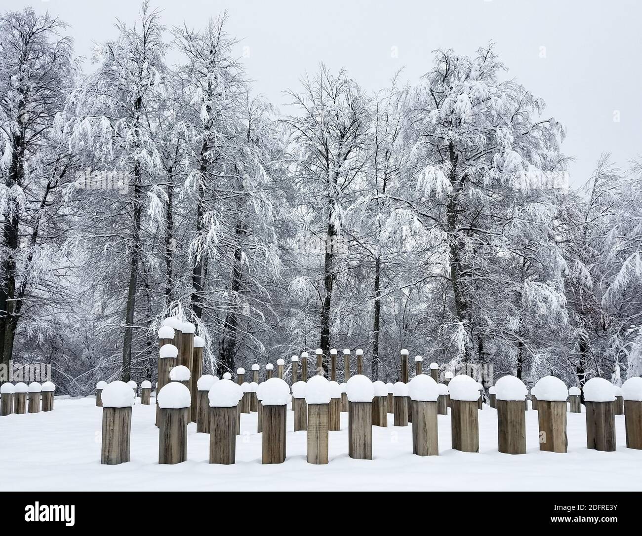Winter landscape with a park in a wooded area with sculptures and trees ...