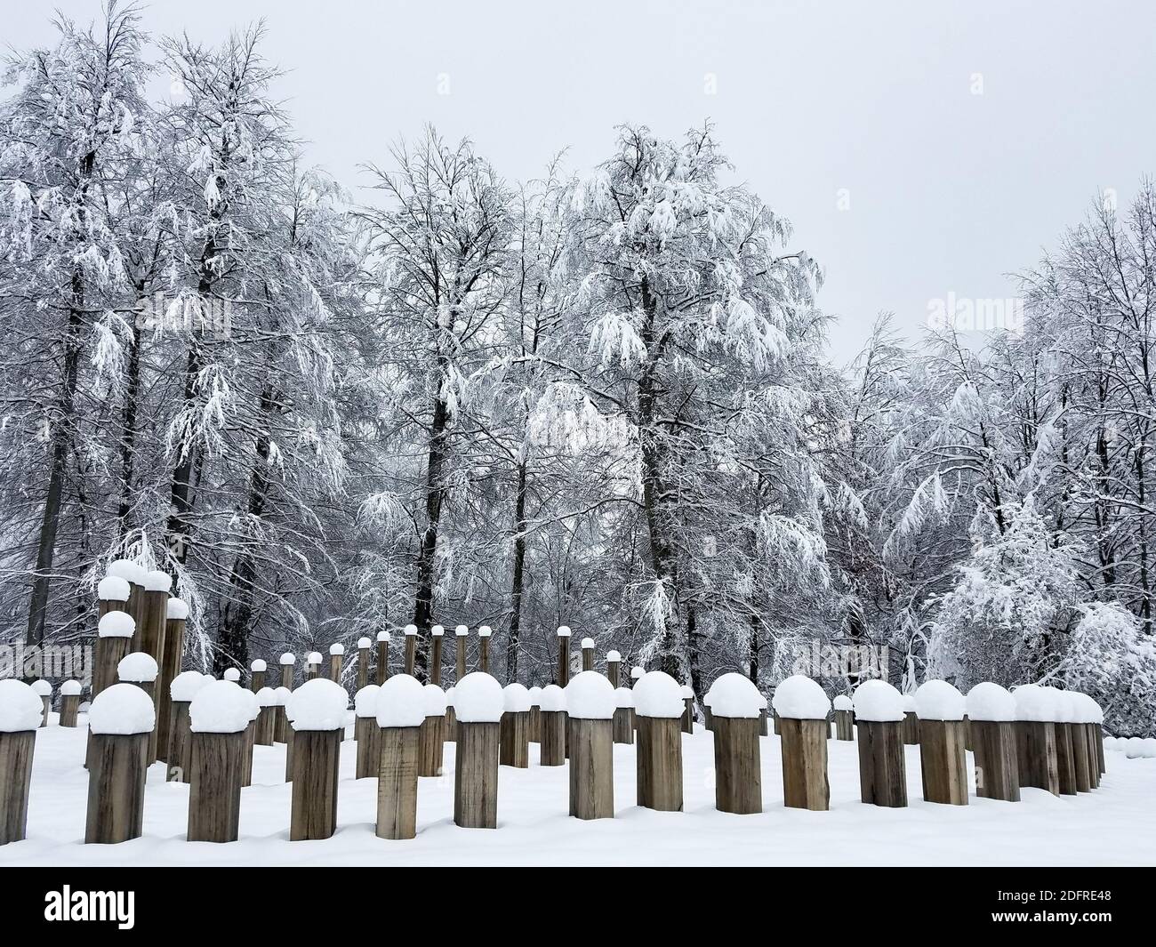Winter landscape with a park in a wooded area with sculptures and trees ...