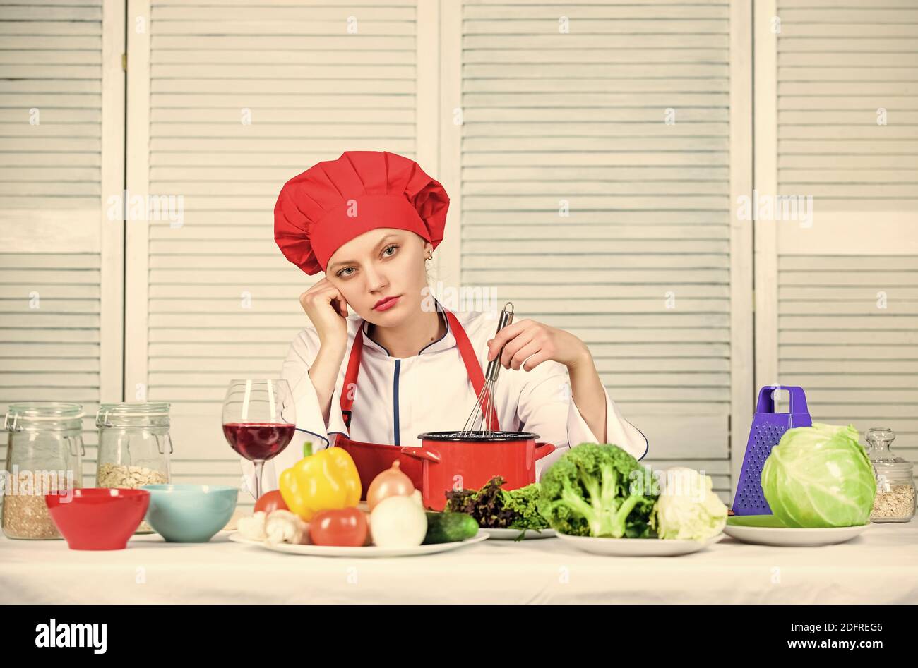 Enjoy easy ideas for dinner. Woman enjoy cooking food. Housekeeping and ...