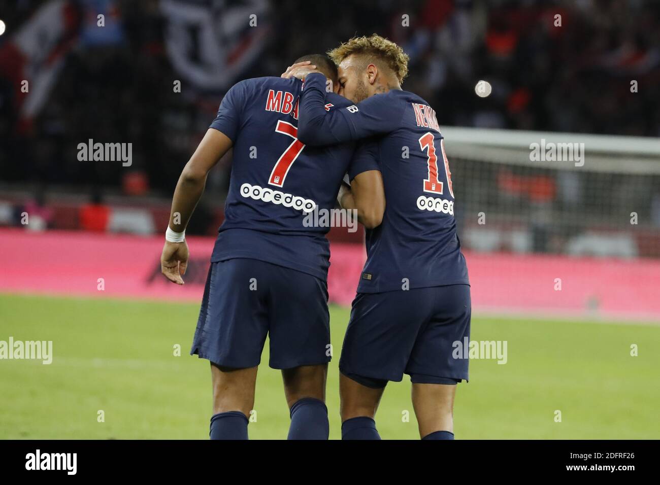 PSG's Kylian Mbappe celebrates after scoring the 2-0 goal with Neymar ...