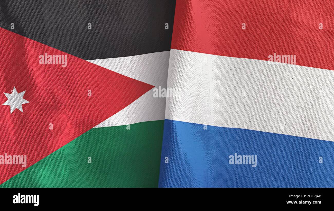 Netherlands and Jordan two flags textile cloth 3D rendering Stock Photo ...