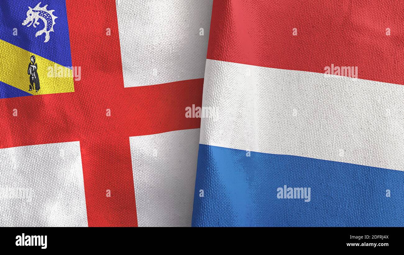 Netherlands and Herm two flags textile cloth 3D rendering Stock Photo ...
