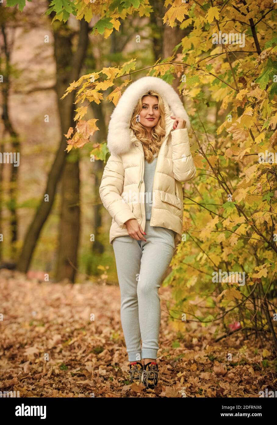 Model knitwear clothes leaves background. Feel practicality and comfort ...