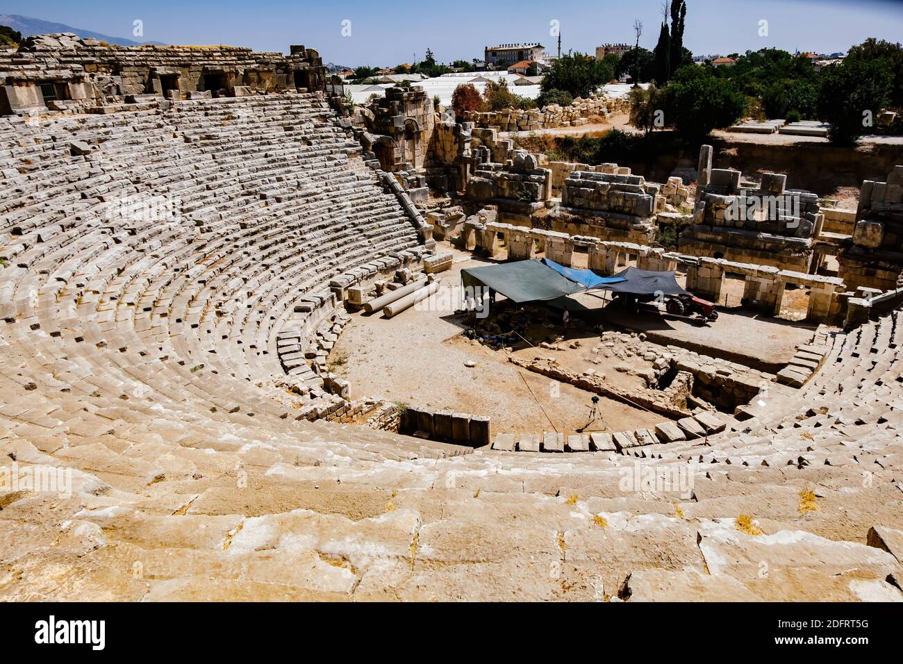 Ancient ruins of the Greek-Roman amphitheater at the ancient city of Myra in Demre, Turkey Stock ...