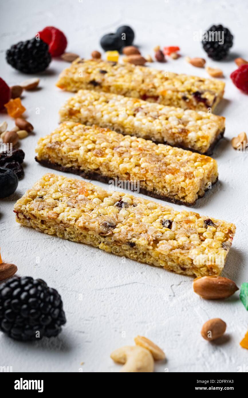 Fruit berry, nut energy bars. Healthy snack, on white background Stock ...