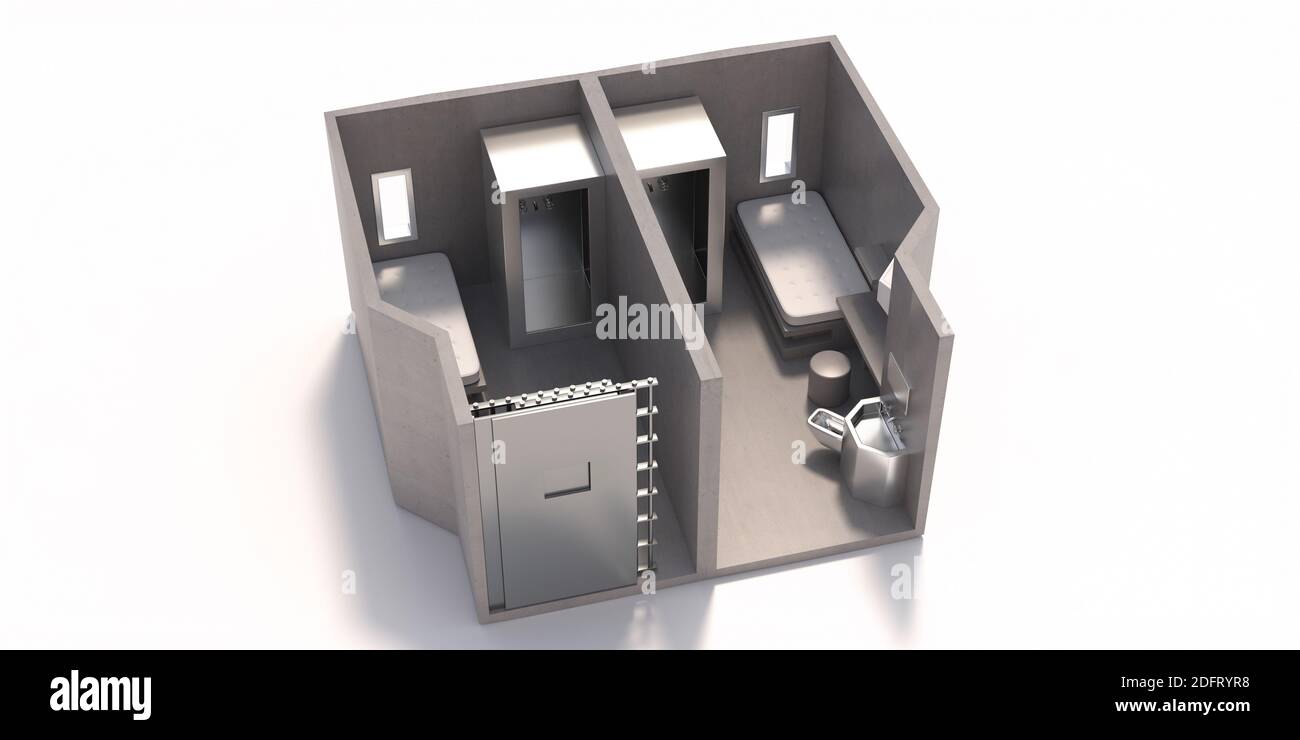 Prison cell double unit isolated on white background. ADX supermax ...