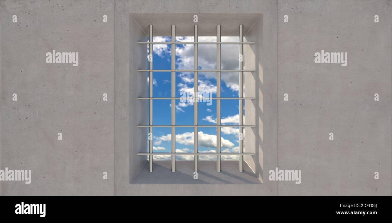 Prison, jail window with metal bars and blue cloudy sky view, Concrete wall background, supermax ...