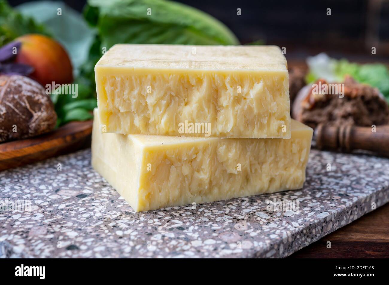 Cheese collection, pieces of aged British cheddar cheese close up Stock ...