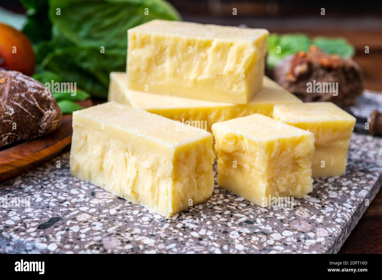 Cheese collection, pieces of aged British cheddar cheese close up Stock ...