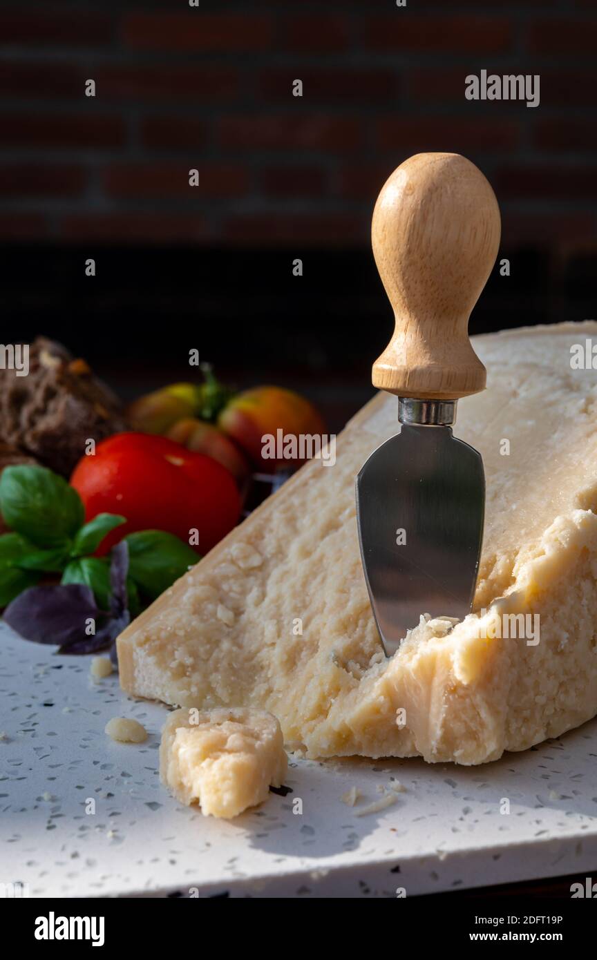 Cheese collection, hard yellow Italian cheese parmesan or parmigiano ...