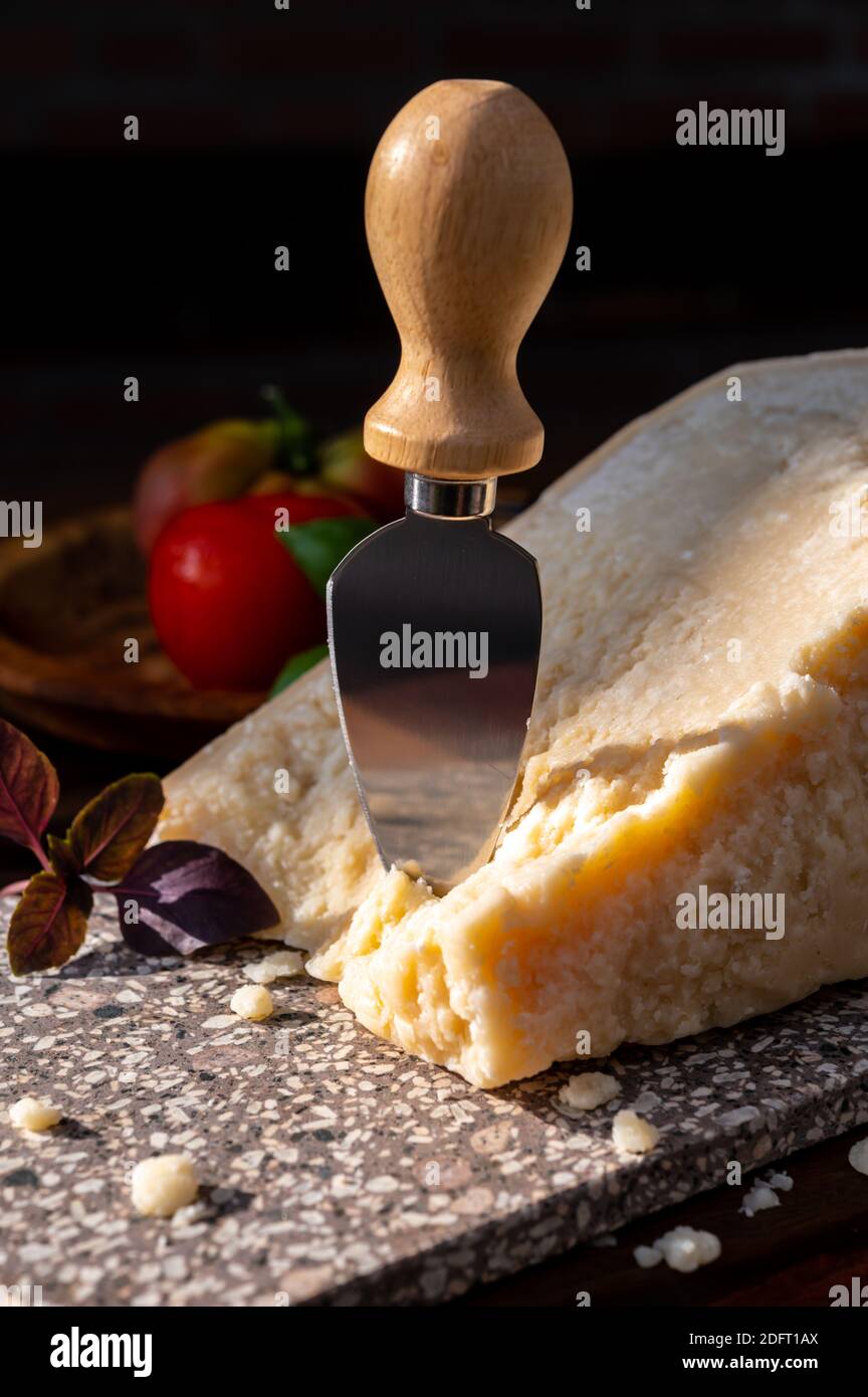 Cheese collection, hard yellow Italian cheese parmesan or parmigiano ...