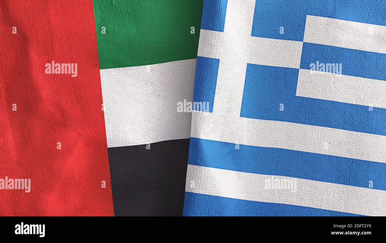 Greece and United Arab Emirates two flags textile cloth 3D rendering ...