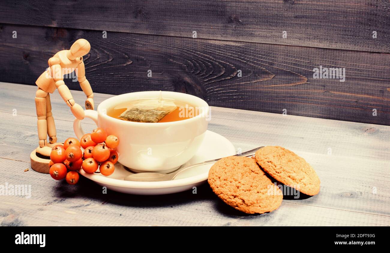 Ceramic cup hot fresh brewed tea beverage. Drink aromatic rowanberry ...