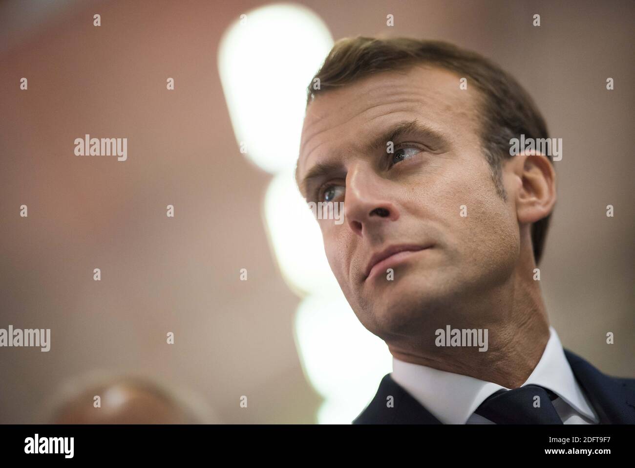 Portrait : French President Emmanuel Macron during a visit at Euronaval ...
