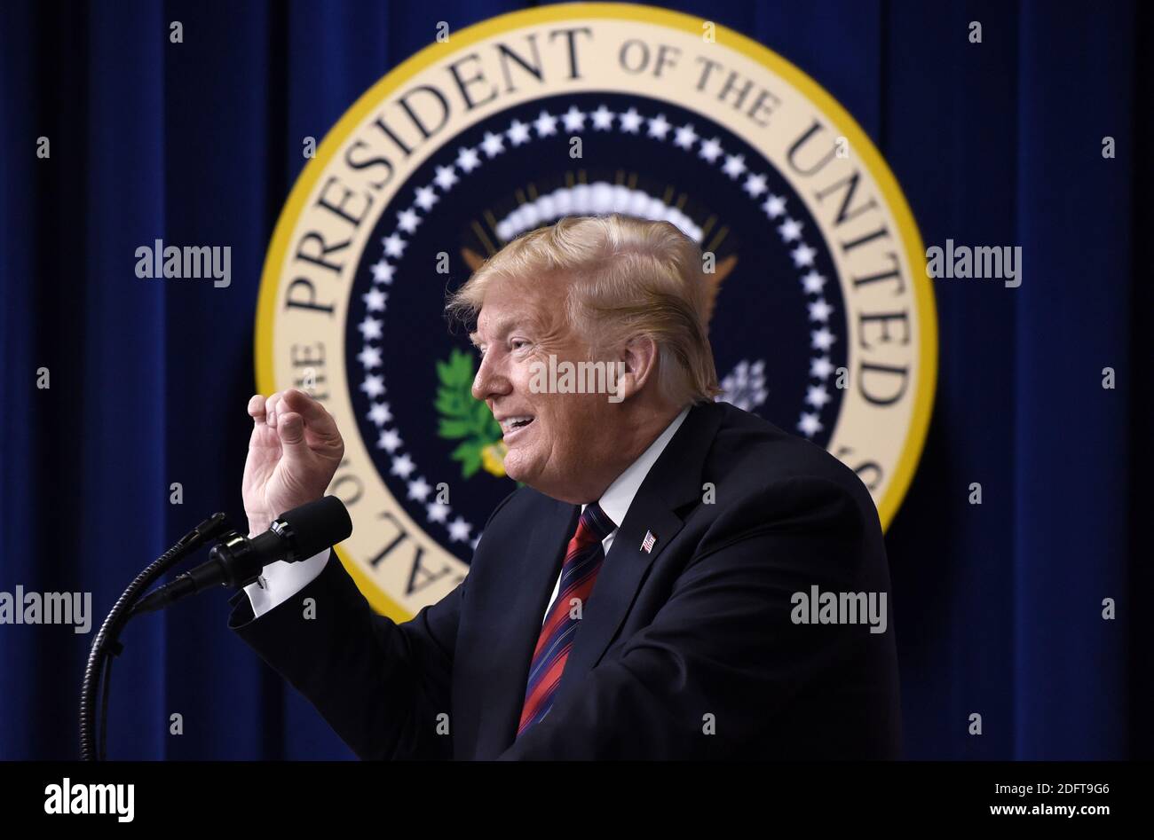 U.S. President Donald Trump delivers remarks at the White House State ...