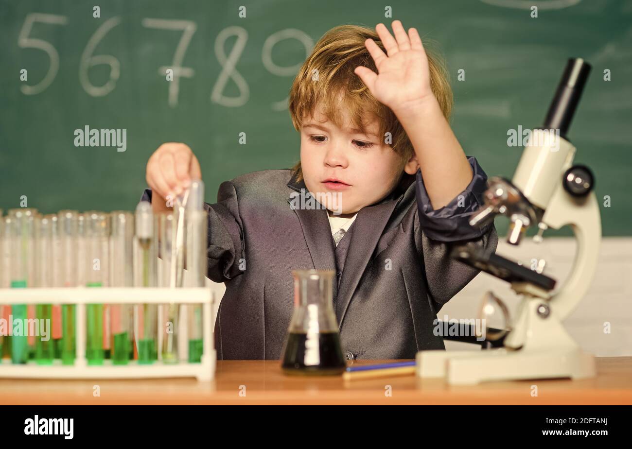 Technology and science concept. Kid study biology and chemistry in ...