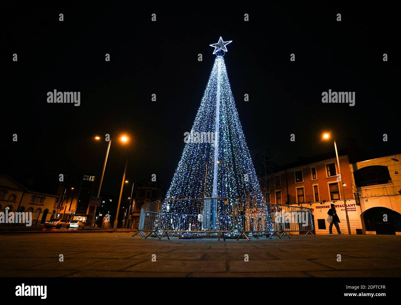 The Christmas tree lit up on a quiet evening in Nottingham city centre ...