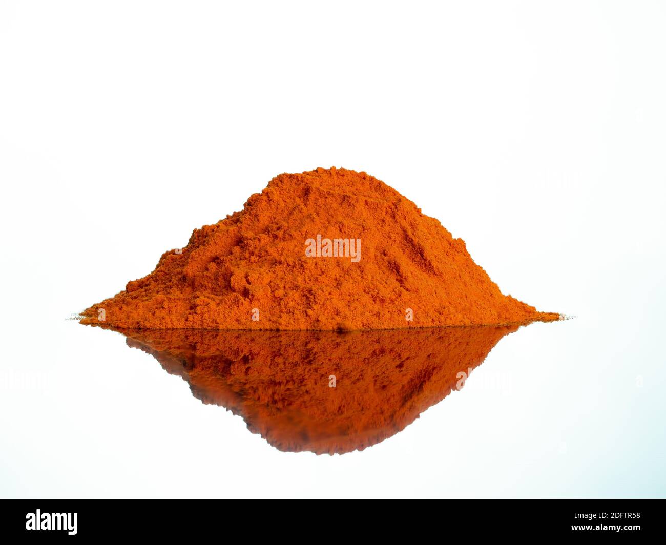 Saffron spice powder with mirror reflection. Place for text. Front view ...