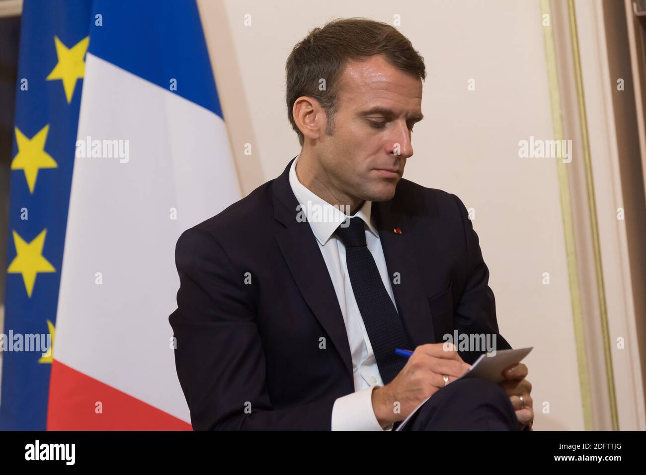 French President Emmanuel Macron attends a round table with historians ...