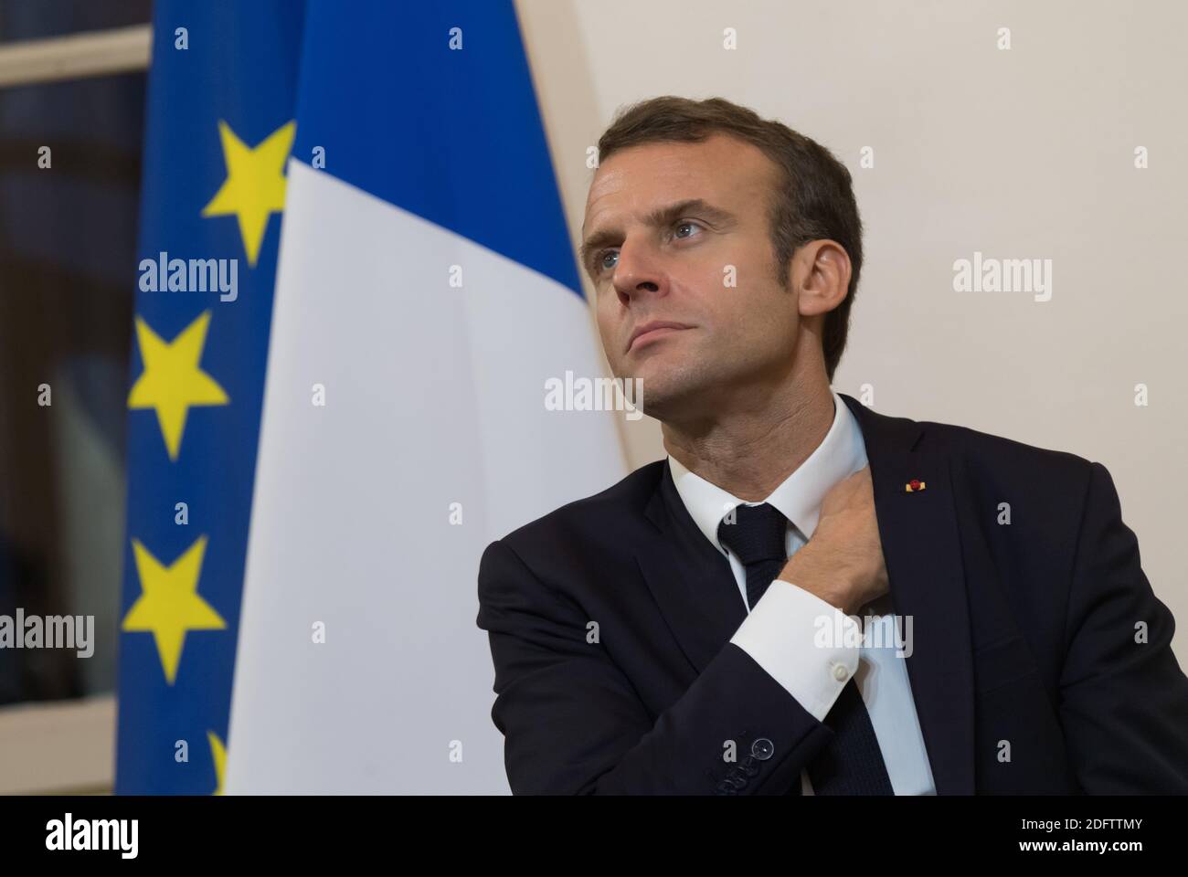 French President Emmanuel Macron attends a round table with historians ...