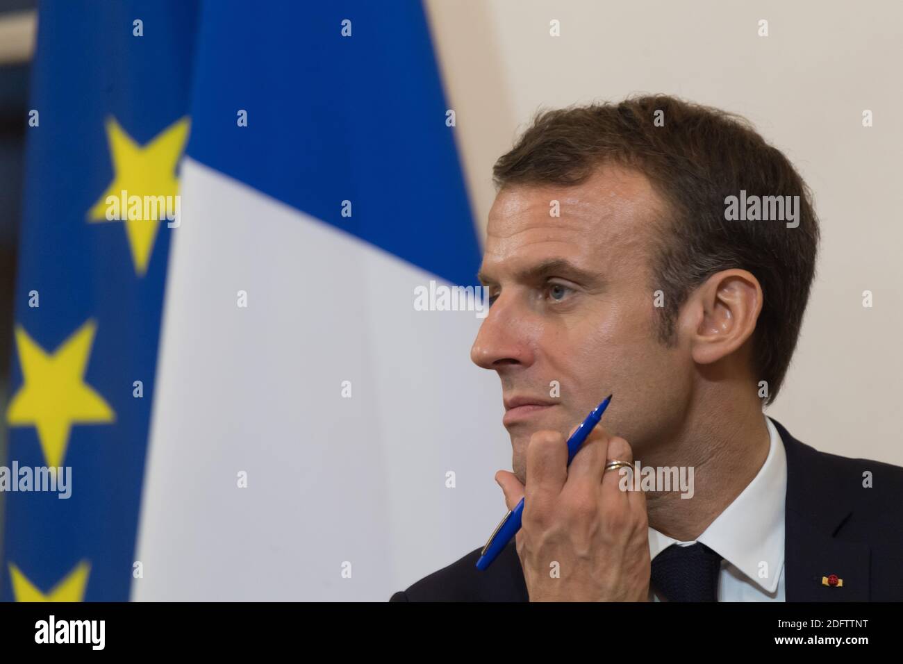 French President Emmanuel Macron attends a round table with historians ...