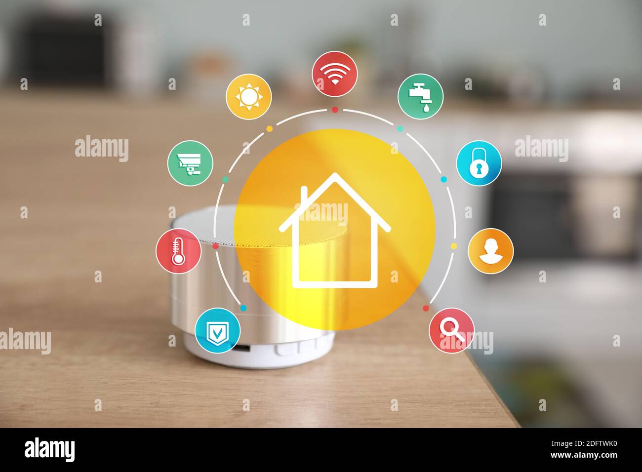 Smart home assistant device on table in room Stock Photo - Alamy