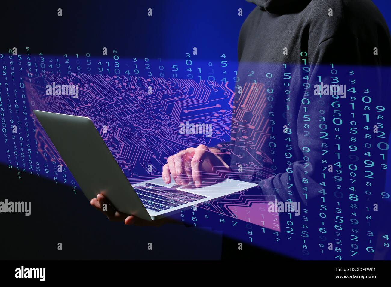 Professional hacker with laptop on dark background Stock Photo - Alamy