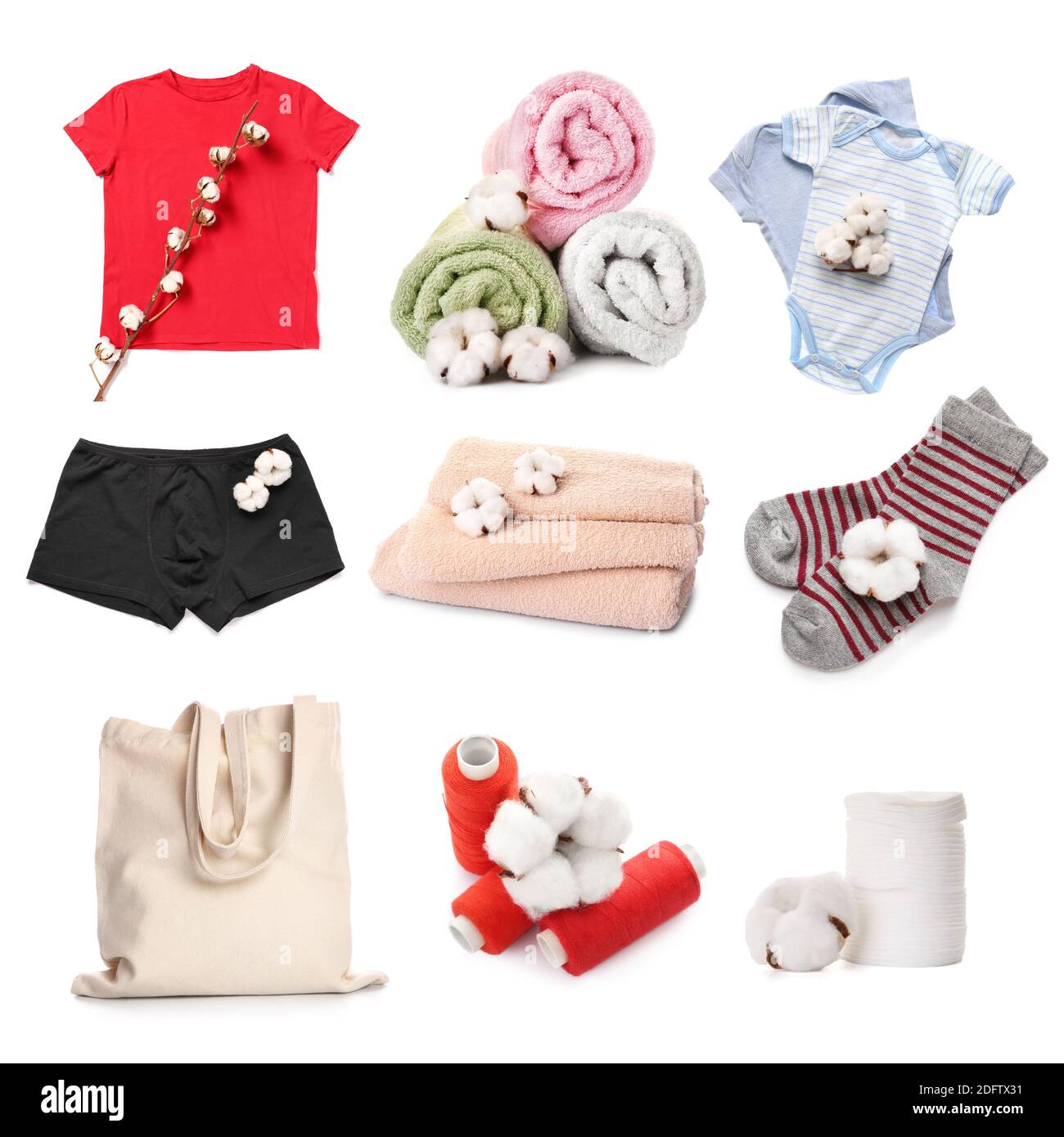 Collage of different cotton goods on white background Stock Photo - Alamy