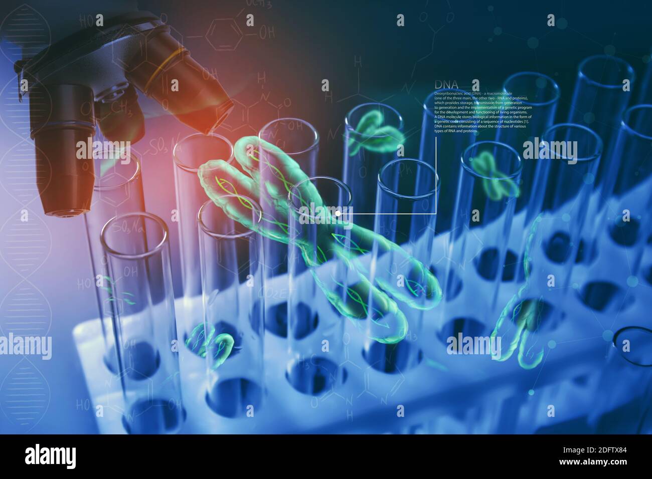 Double exposure of microscope and test tubes in laboratory, closeup ...