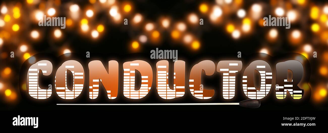 Word CONDUCTOR And Stick On Dark Background With Blurred Lights Stock word-conductor-and-stick-on-dark-background-with-blurred-lights-stock